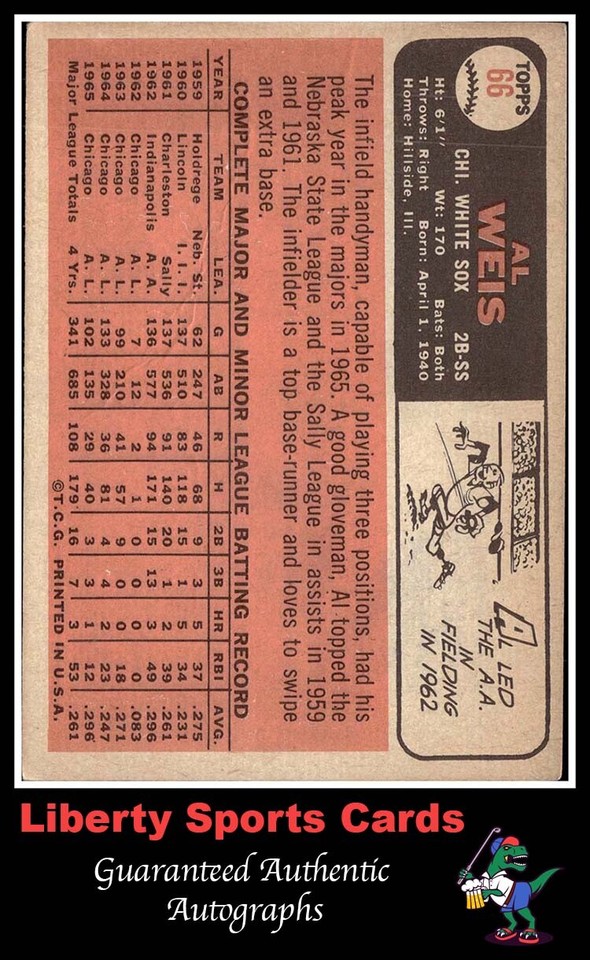 1966 Topps Al Weis #66 Authentic Autographed Card Chicago White Sox | eBay