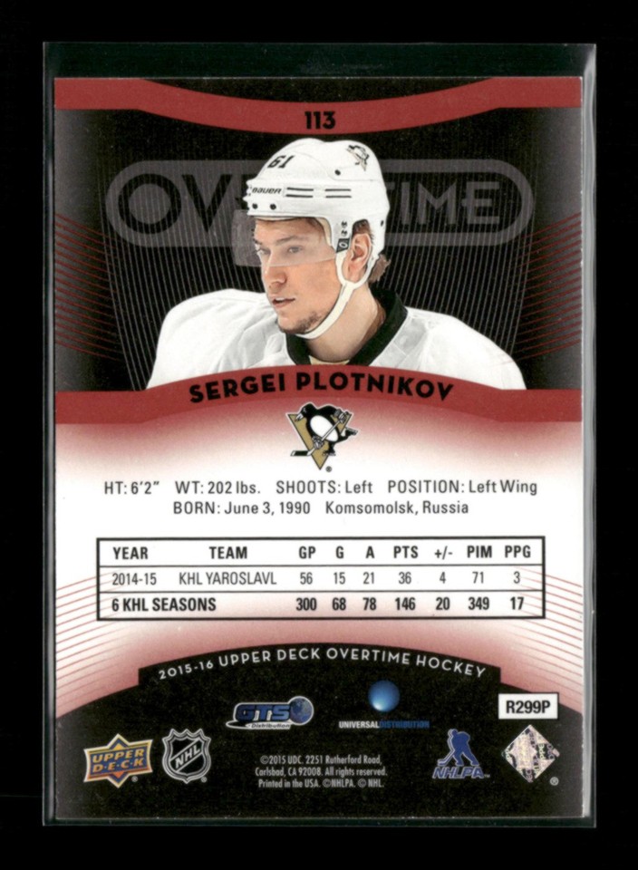 2015-16 Upper Deck Overtime #113 Sergei Plotnikov Red #/99 | eBay