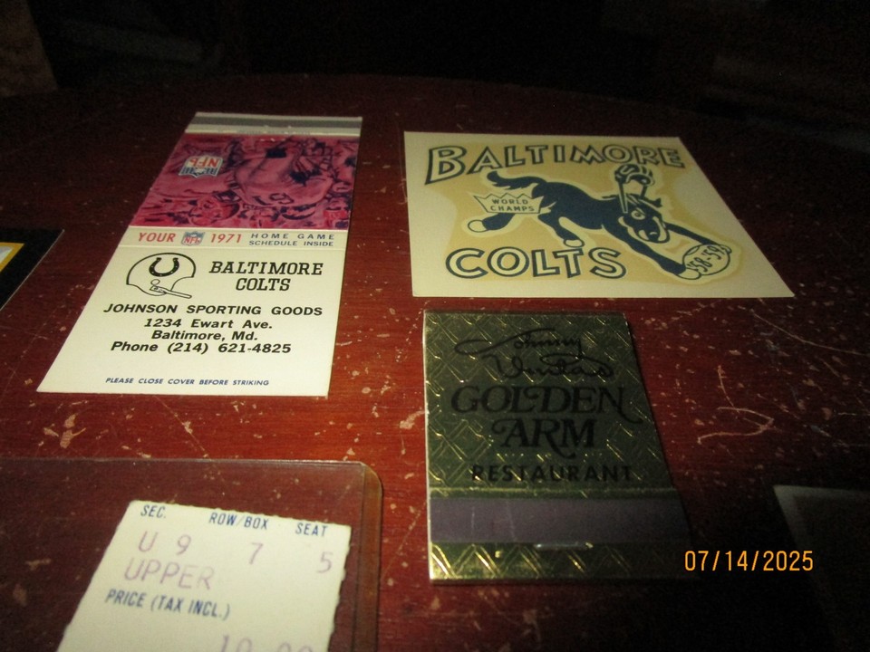 Baltimore Colts Football Memorabilia Lot Johnny Unitas Matchbook Ticket ...