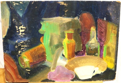 Robert Hamer Impressionistic Still Life with Bottles Vases oil on Board ...