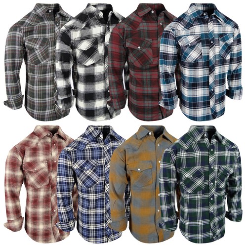 Plaid Flannel Shirt Snap Up Western Style Mens Flap Chest Pockets New ...