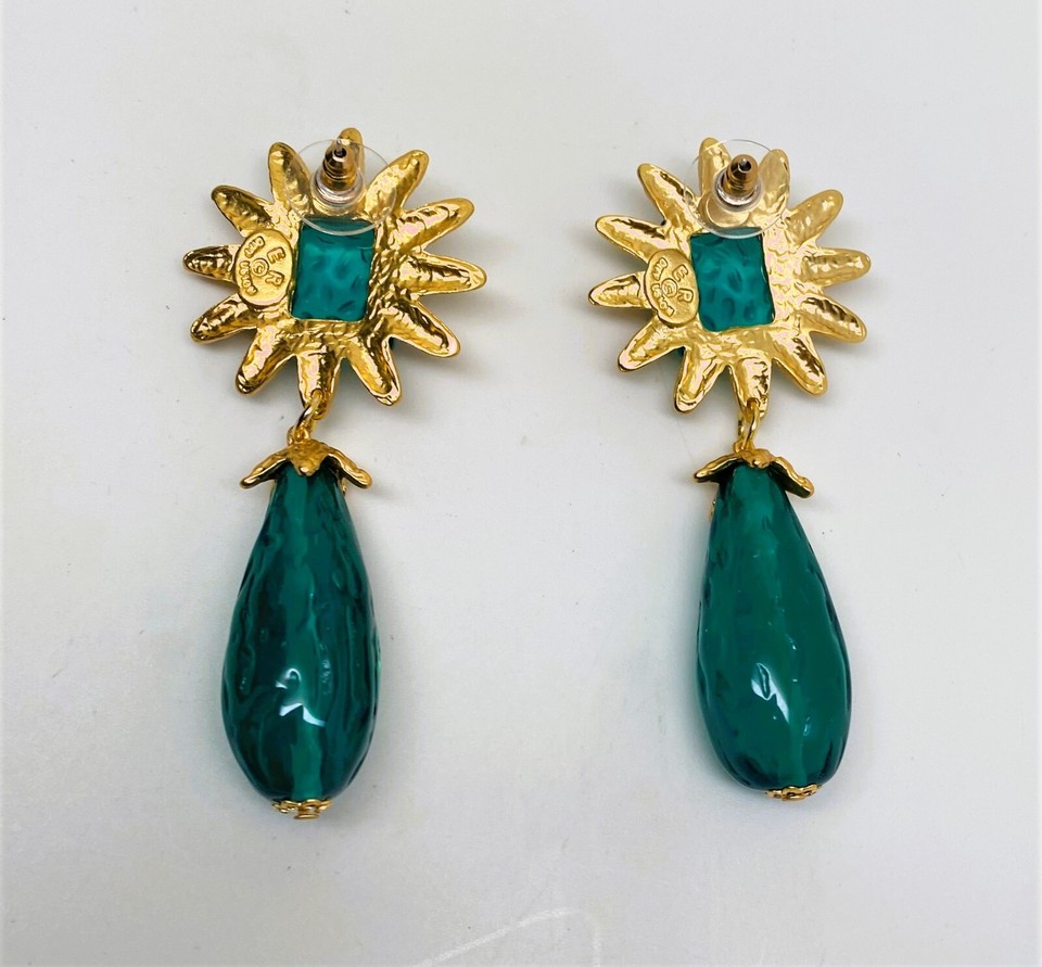 Stunning Green Resin Cabochon Gold Plated Pierced Dangle Earrings | eBay