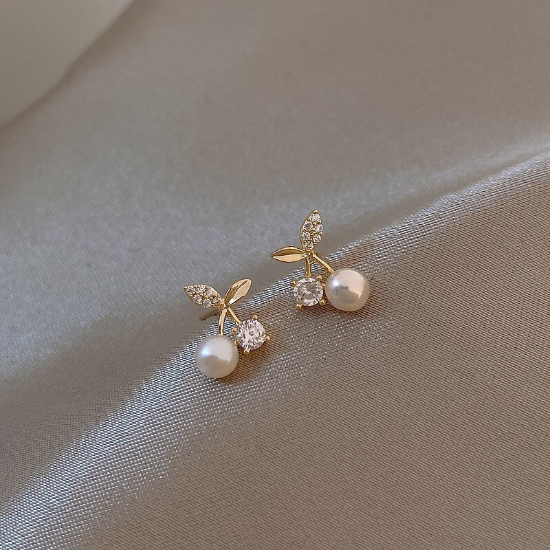 925 Sterling Silver Cherry Pearl CZ Gems Stone Stud Earrings Women Girl ...
