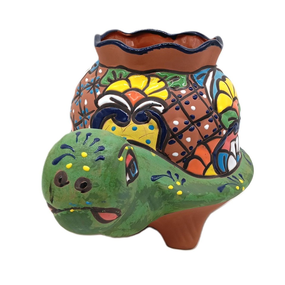 Turtle Planter Mexican Engobe Clay Pottery Flower Pot Embossed Talavera ...