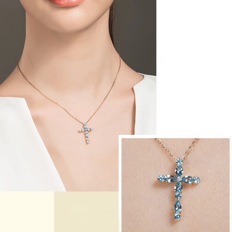 ZARD Large Cross Pedant in Blue CZ and Gold Plated Sterling Silver ...