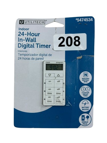 Utilitech 24 Hour In-Wall Digital Timer Single Pole Battery Backup ...