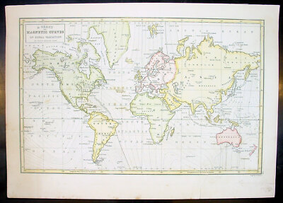 1845 George Aikmans Antique World Map, showing the Earths Magnetic ...