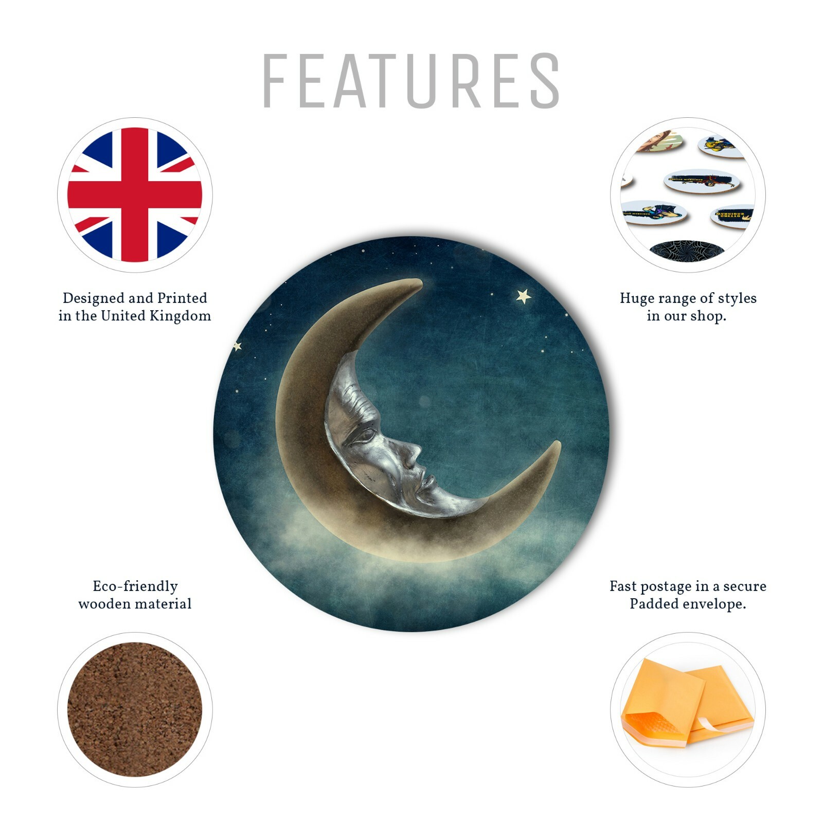 1 x Cool Nighttime Moon & Star - Round Coaster Kitchen Student Kids ...