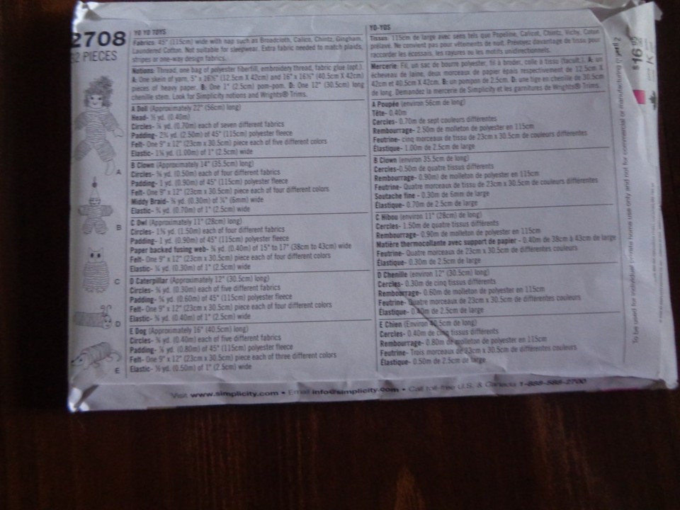 SIMPLICITY ARCHIVES SEW PATTERN 2709 YO YO TOYS DOLL CLOWN OWL ...