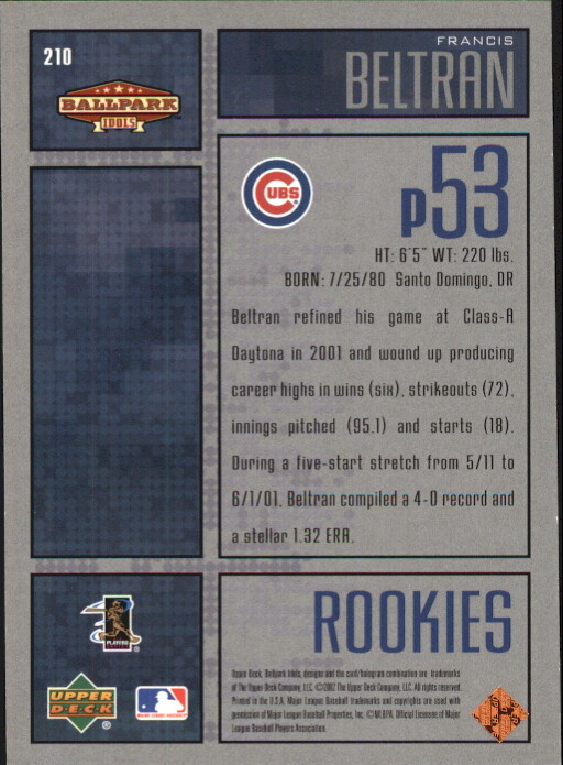 2002 Upper Deck Ballpark Idols Bronze Card #210 Francis Beltran ROO ...