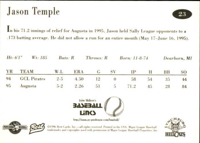 1996 Lynchburg Hillcats Best #23 Jason Temple Dearborn Michigan MI ...