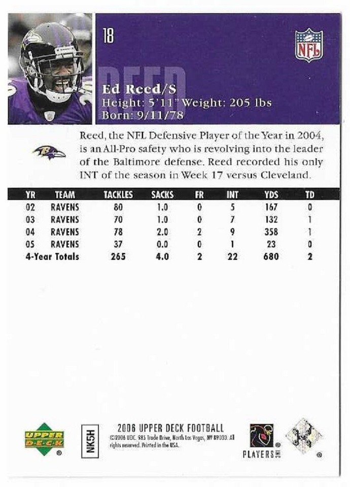 ED REED 2006 Upper Deck Football # 18 Baltimore Ravens HOF NM - MT | eBay
