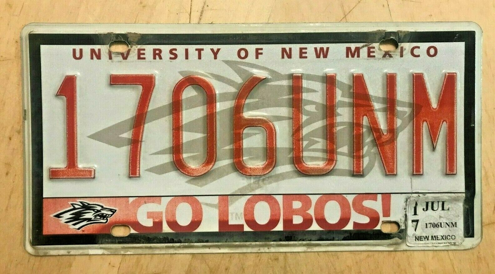 UNIVERSITY OF NEW MEXICO LOBO COLLEGE LICENSE PLATE " 1706 UNM " NM GO ...