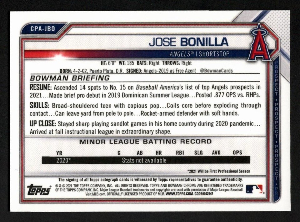 Jose Bonilla 2021 Bowman Chrome 1st Year Prospect Autograph Auto SP ...