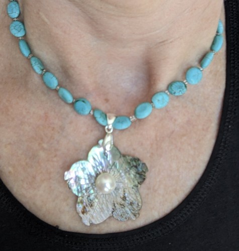 Boho Faux Turquoise Blue Dyed Howlite Mother of Pearl Flower Pendant ...