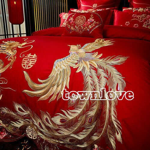 100% Cotton Red Chinese Wedding Bedding Set Luxury Gold Embroidery ...