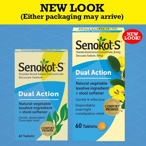 Senokot-S Dual Action 60 Tablets, Natural Vegetable Laxative Ingredient ...