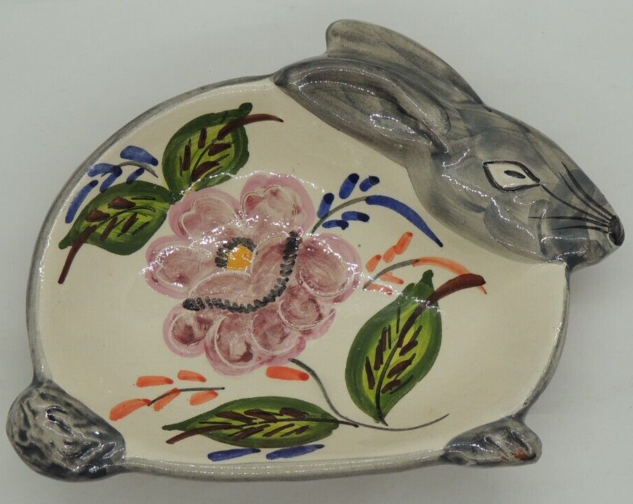 Pottery Floral Bunny Rabbit Trinket Nut Candy Dish Portugal Signed ...