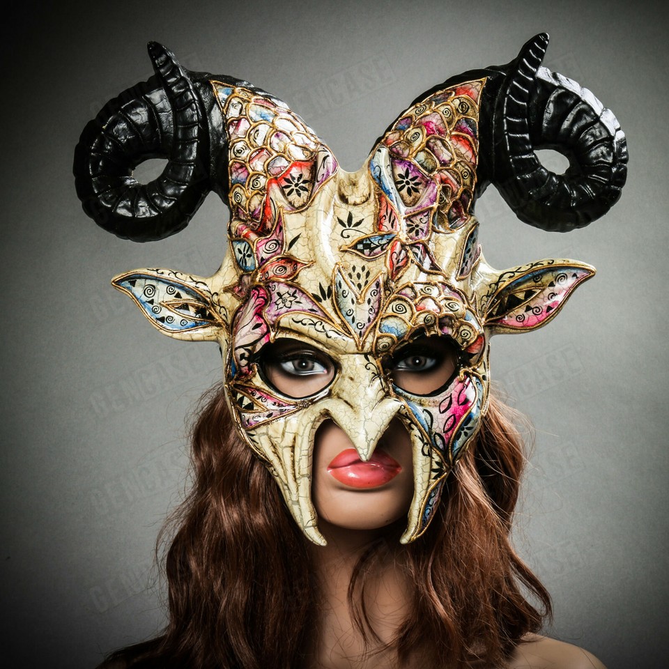 Venetian White Demon Mask w/ Black RAM Horns Venice Masquerade Ball ...