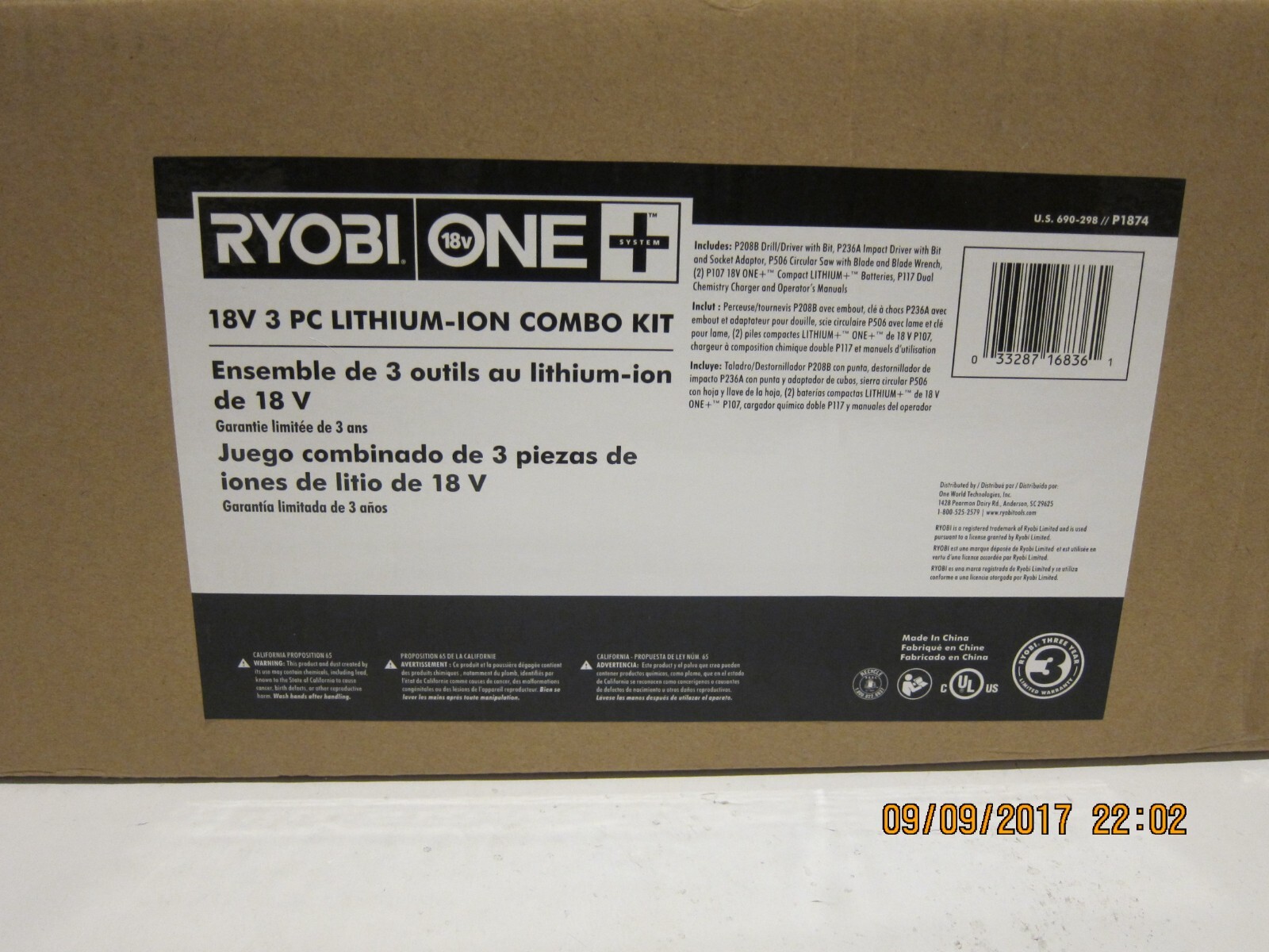 Ryobi P1874 18-Volt ONE+ Lith-Ion Cordless Combo Kit (3-Tool) FREE ...