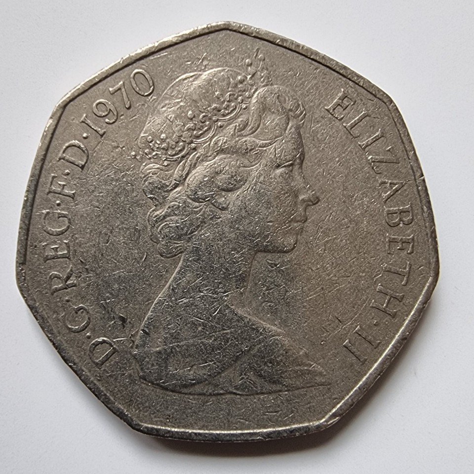 1970 Old Large 50p Coin Queen Elizabeth II Britannia UK Circulated LOW ...