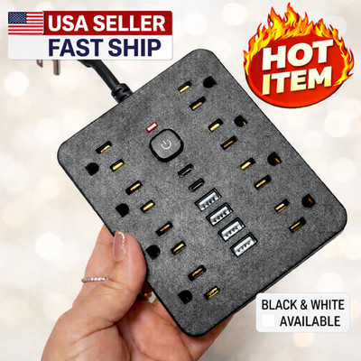 14-in-1 Power Strip Surge Protector 8 AC Outlets 4 USB 2 Type-C Flat ...