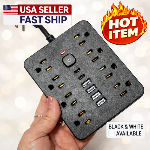 14-in-1 Power Strip Surge Protector 8 AC Outlets 4 USB 2 Type-C Flat ...