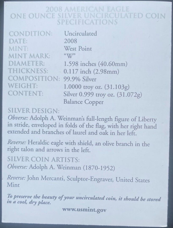 2008 W American Silver Eagle Dollar Burnished ASE Coin with Box and COA ...