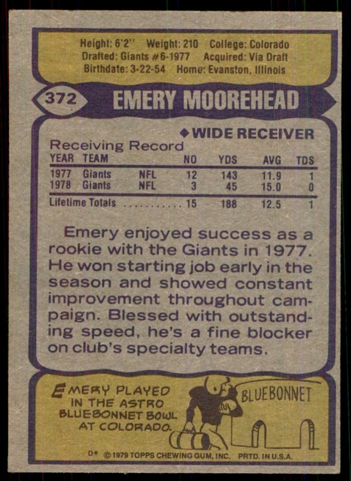 1979 Topps Emery Moorehead Football Card #372 | eBay