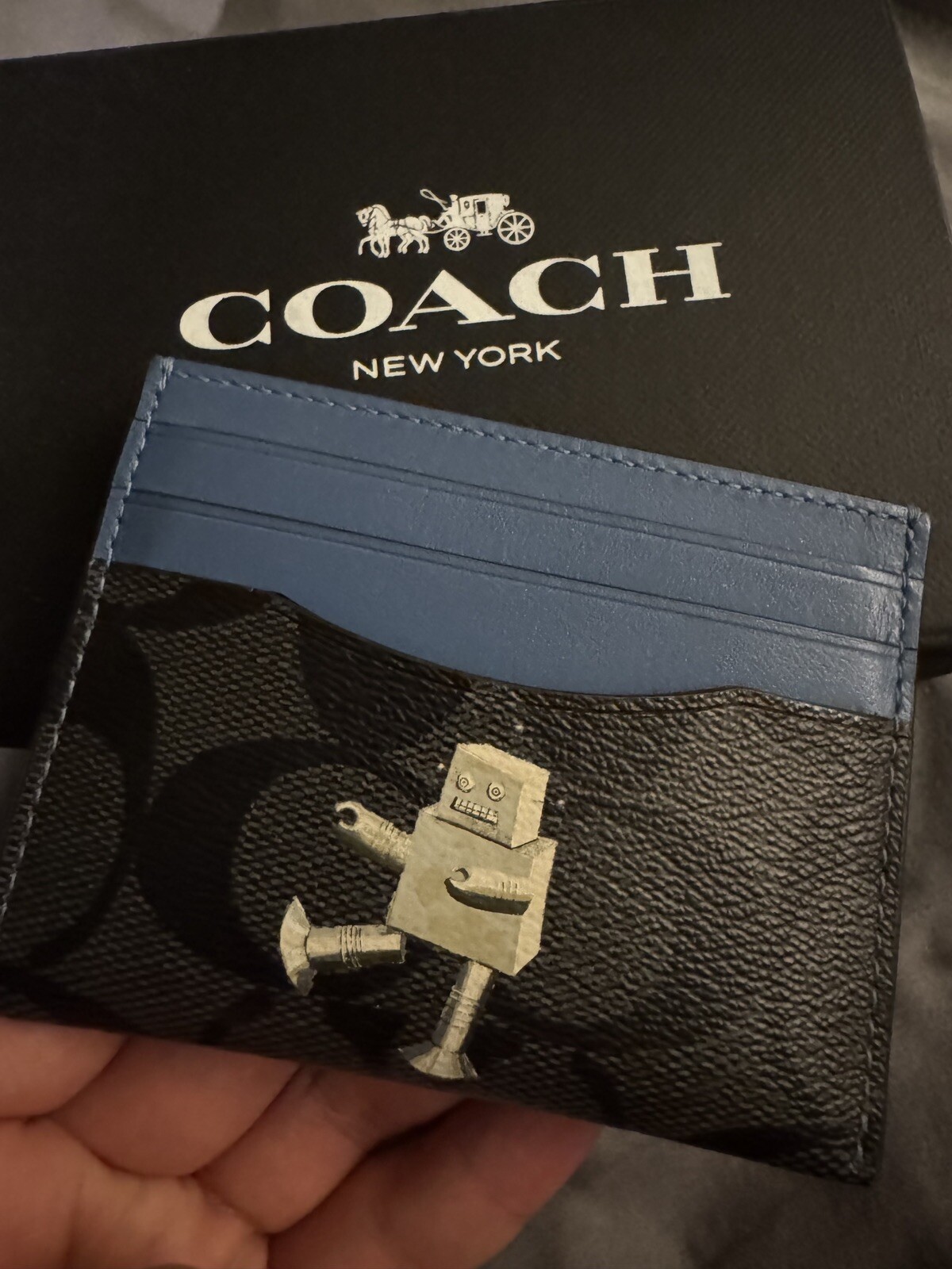 COACH ROBOT SIGNATURE GRAY/BLUE LEATHER SLIM CARD CAS… - Gem