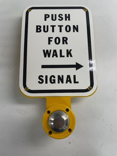 Crosswalk Pedestrian Traffic Signal Push Button, Porcelain Sign, Yellow ...