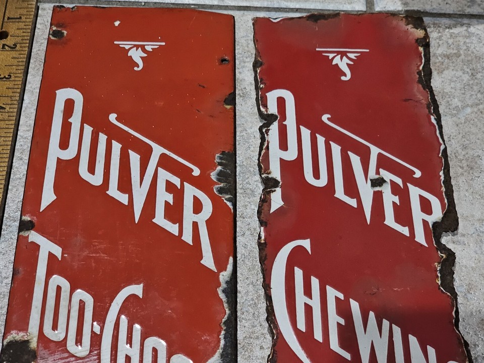 2 Vintage Porcelain Pulver Candy Gum Sign Machine General Store Display ...