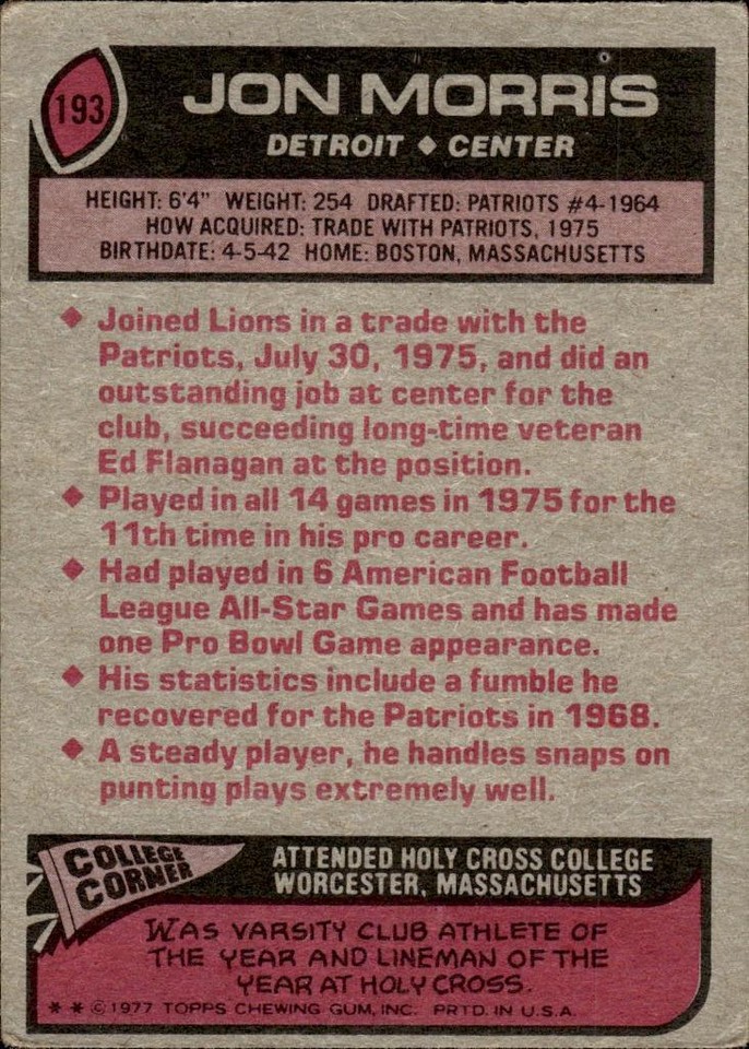 JON MORRIS Football CARD #193 BUY ANY 2 ITEMS FOR 50% OFF B213R3S3P33 ...