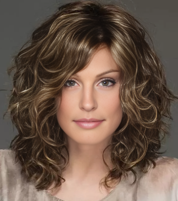 Shoulder Length Fluffy Curly Brown Mix Synthetic Hair Wigs Women Soft ...