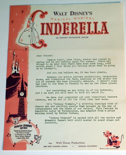 Walt Disney CINDERELLA 1957 Detailed Publicity Letter Joe Reddy History ...