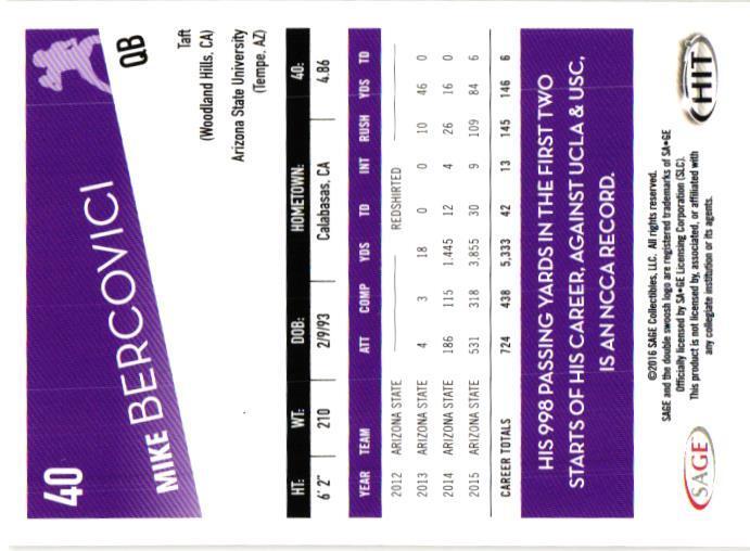 2016 SAGE HIT #40 Mike Bercovici | eBay