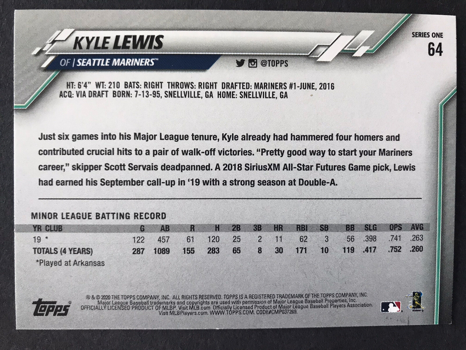 2020 Topps Series 1 Kyle Lewis Rookie Foil #64 Near Mint Condition | eBay