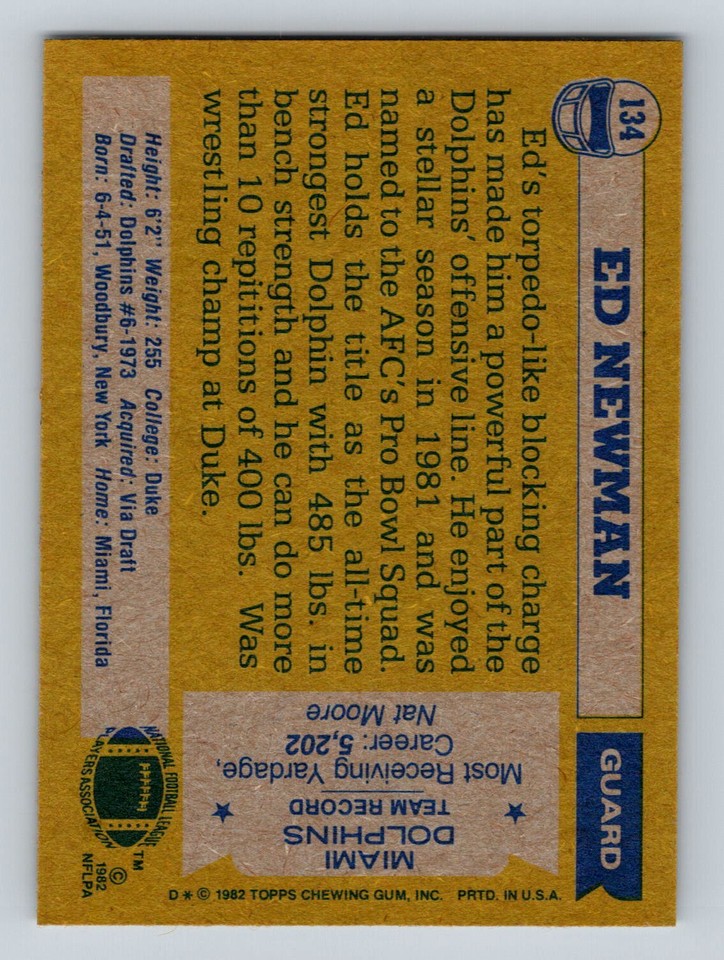1982 Topps Ed Newman #134 Miami Dolphins | eBay