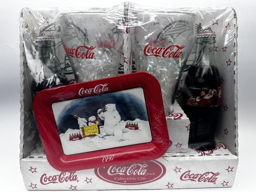NIB VINTAGE COCA COLA Gift Set 2 Glasses & 2 Coke Bottles w Red Metal ...