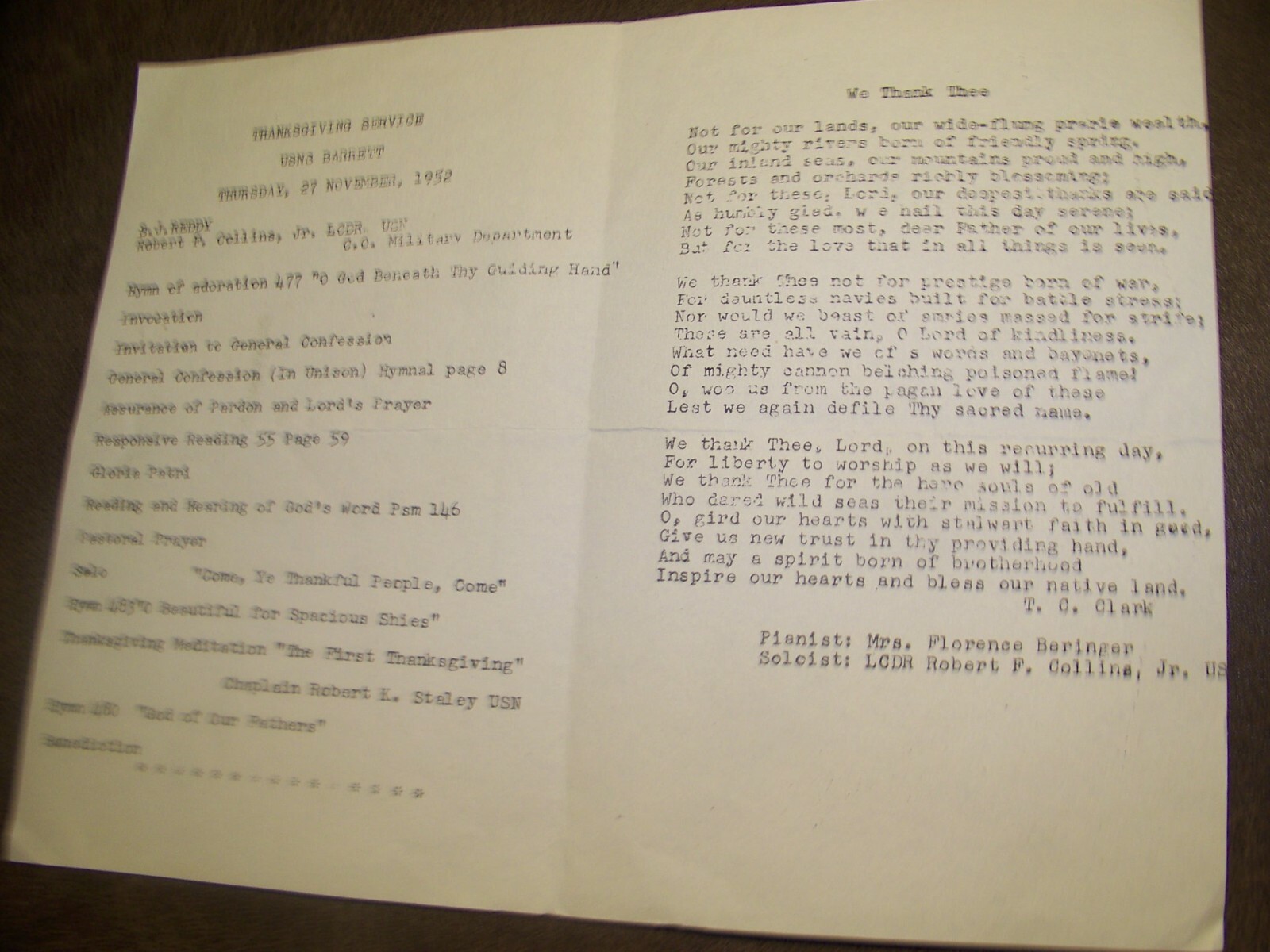 1952 USNS BARRETT AP 196 KOREAN WAR TROOP TRANSPORT SHIP THANKSGIVING ...