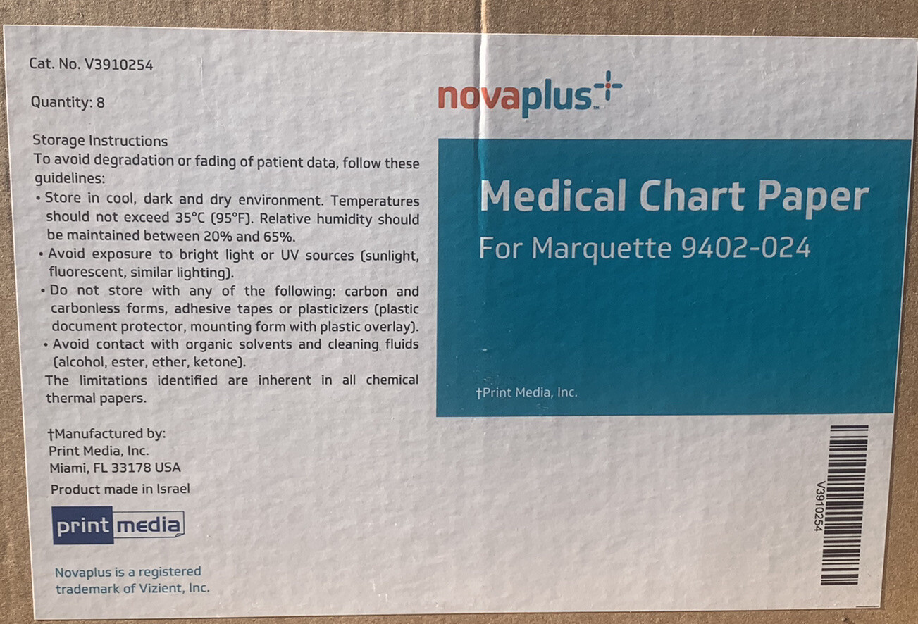 NOVA PLUS MEDICAL CHART PAPER FOR MARQUETTE 9402-024 (4 Pack) CAT. No ...