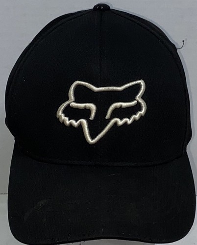 Fox Racing Flex Fitted Hat Cap S/M Black White Fox W/ Spell out On Back ...
