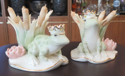 LENOX PRINCE FROG Cattails CANDLESTICKS set -- Water Lily -- Never used ...