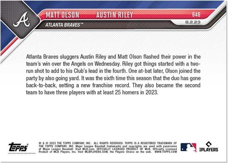 Matt Olson/Austin Riley - 2023 MLB TOPPS NOW #646 Back To Back Homers ...
