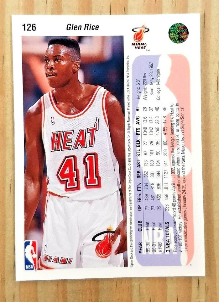1992-93 UPPER DECK GLEN RICE CARD#126 MINT MIAMI HEAT KNICKS ROCKETS LA ...