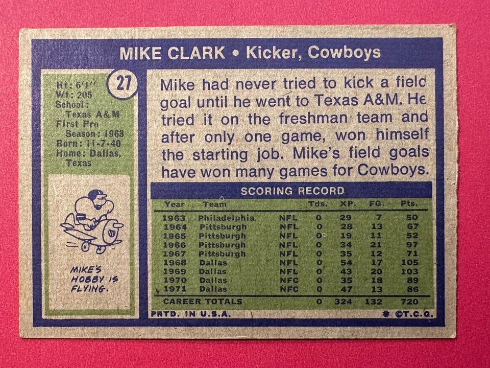 1972 TOPPS #27 MIKE CLARK DALLAS COWBOYS KICKER | eBay