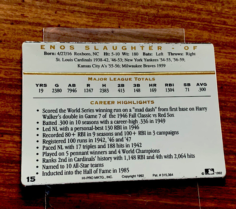 1992 Action Packed ASG Card # 15 Enos Slaughter St Louis Cardinals MLB ...