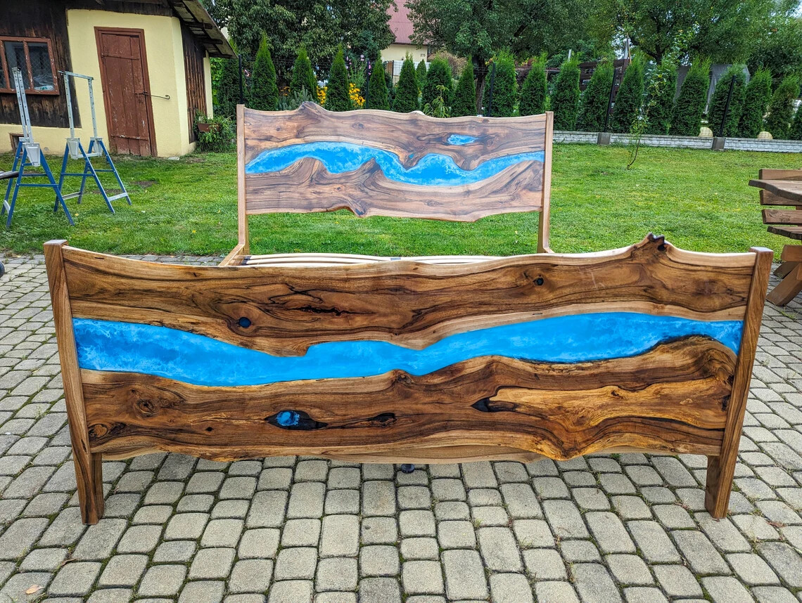 Live edge blue ocean river epoxy walnut bed, king size walnut epoxy ...