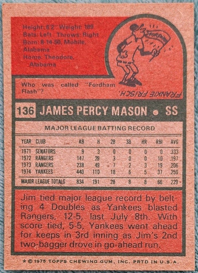 Jim Mason New York Yankees 1975 Topps Mini Baseball Card #136 Ex | eBay