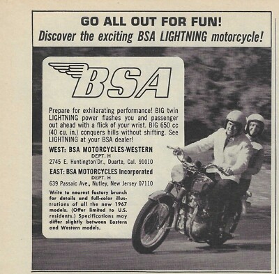 1967 BSA Lightning Vintage Magazine Ad Big Twin 650 cc Motorcycle A65L ...